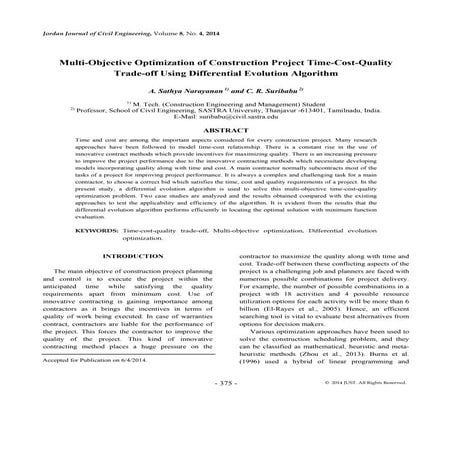 Evolutionary Algorithm Performance Evaluation in Project Time-Cost ...