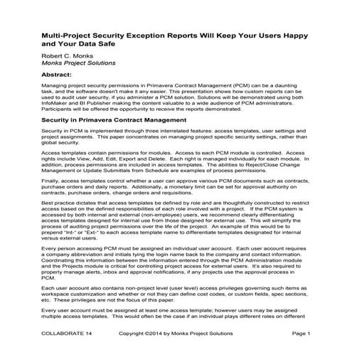 Multi project security exception reports - Oracle Primavera P6 ...