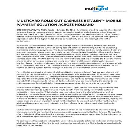 Multicard | Press Release | Multicard Rolls Out Cashless Betalen™ Mobile Payment Solution Across ...