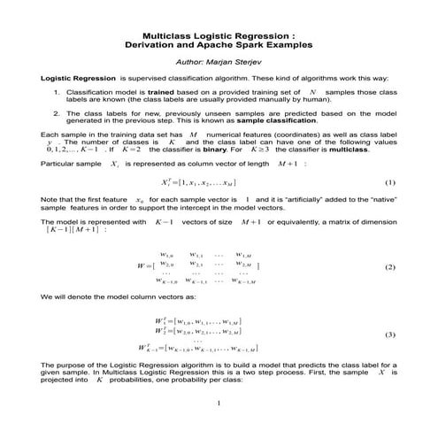 Multiclass Logistic Regression Derivation And Apache Spark Examples Pdf 