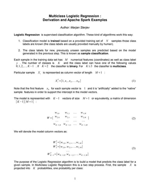 Multiclass Logistic Regression Derivation And Apache Spark Examples Pdf