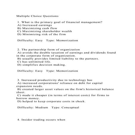 Multiple Choice Questions 1. What is the primary goal of financi.docx ...