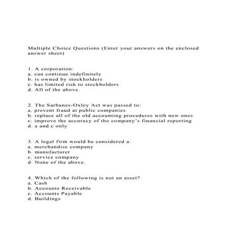 Multiple Choice Questions (Enter your answers on the enclose.docx ...