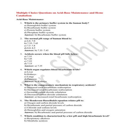 Multiple Choice Questions on Acid base and heme pdf... | PDF