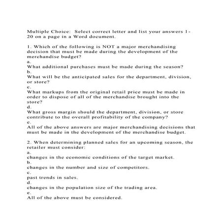 Multiple Choice Select correct letter and list your answers 1-20.docx