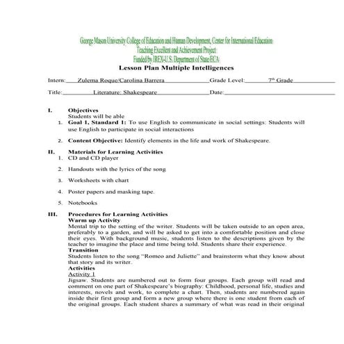 Multiple Intelligences Plan | DOC | Homework and Study | Education