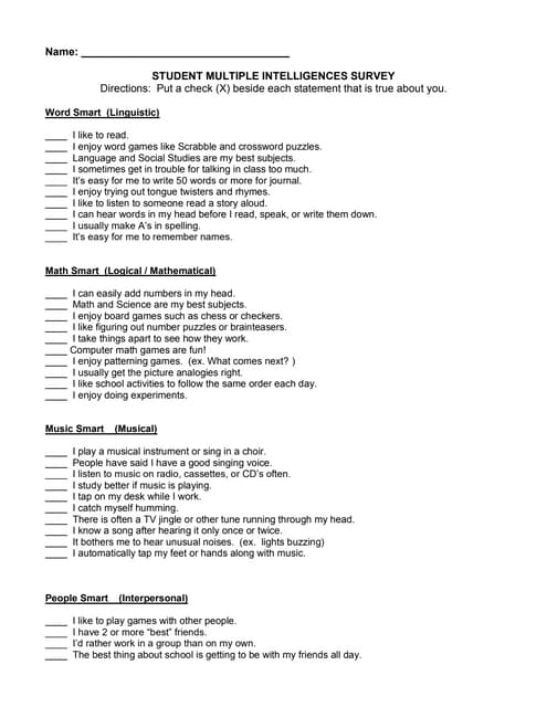 Multiple intelligences test | PDF | Games and Puzzles | Hobbies & Interests