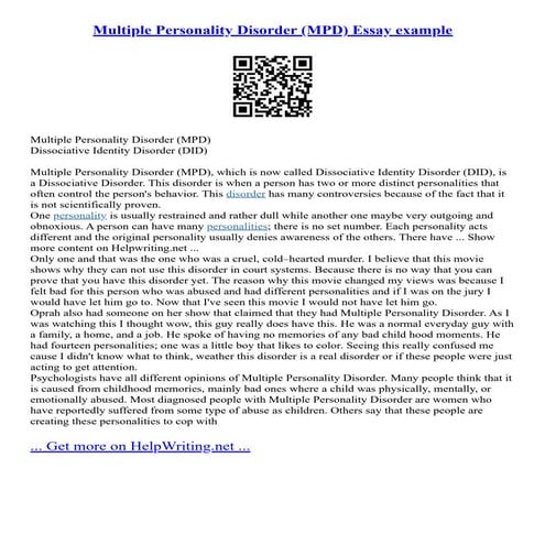 Multiple Personality Disorder (MPD) Essay Example | PDF | Mental Health ...