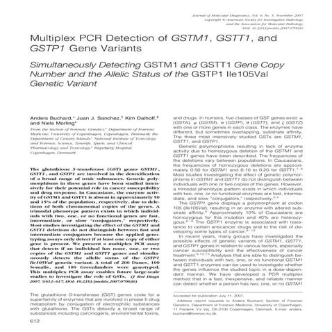 Multiplex pcr detection of gstm1, gstt1, and gstp1 gene variants | PDF