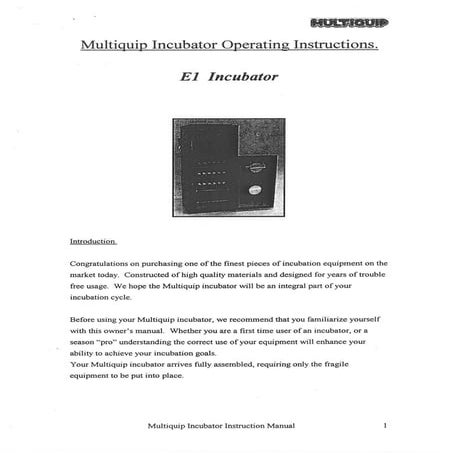 Multiquip E1 Incubator manual old product no longer available | PDF