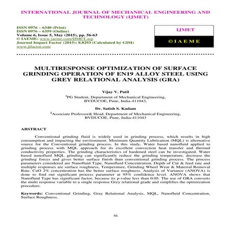 Multiresponse optimization of surface grinding operation of en19 alloy steel using grey ...