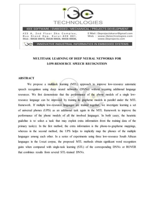 Multitask Learning Of Deep Neural Networks For Low Resource Speech Recognition Pdf Free Download