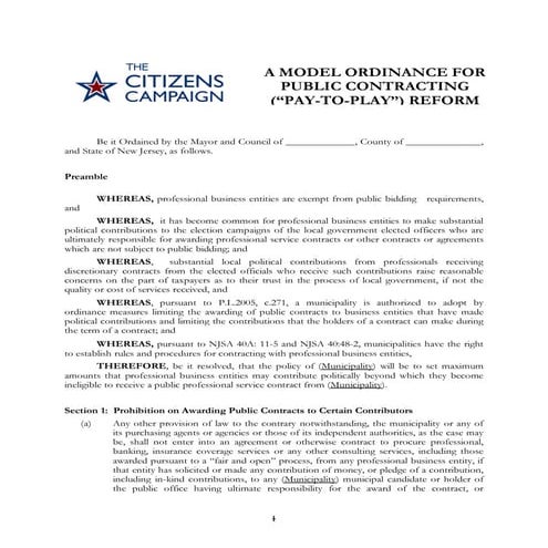 Sample municipal Pay-to-Play ordinance - The Citizens Campaign | PDF