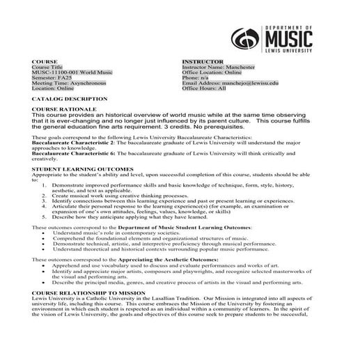 MUSC-11100-001 WORLD MUSIC SYLLABUS FOR THE FALL SEMESTER TERM | PDF