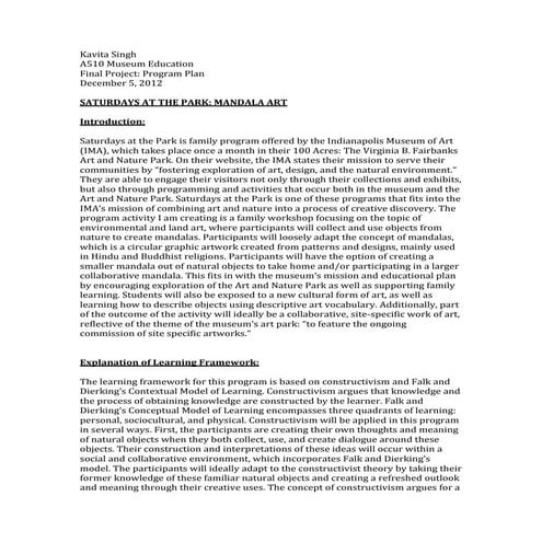 Museum Education Program Plan for IMA's Saturdays at the Park | PDF ...