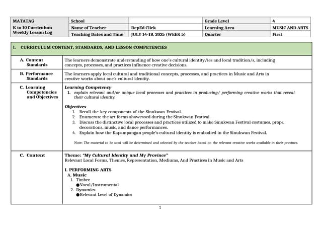 Q2_LE_Music and Arts 7_Lesson 1_Week 1. lesson exemplar | PDF