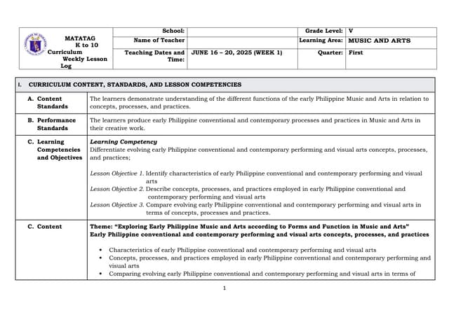 Q2_LE_Music and Arts 7_Lesson 1_Week 1. lesson exemplar | PDF
