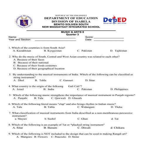 MUSIC & ARTS 8 Quarterly Examination for third quarter | PDF
