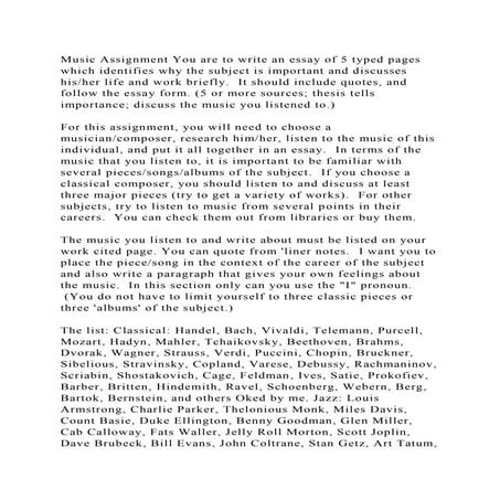 Music Assignment You are to write an essay of 5 typed pages which id.docx