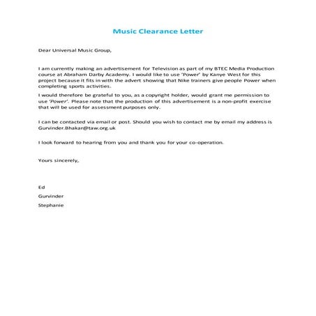 Music clearance letter | DOCX