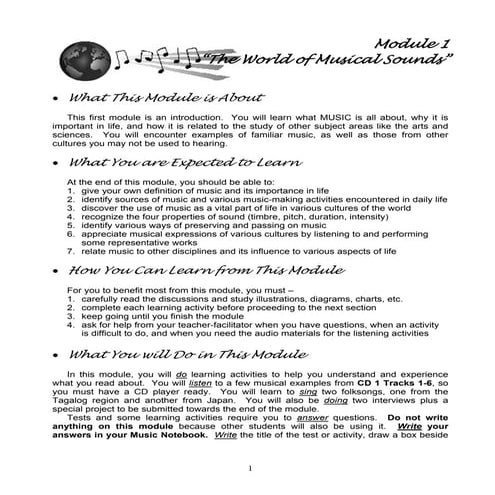 Music education ii module 1.the world of musical sounds | PDF