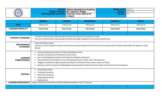 Music Grade 6 3rd Quarter learning plandocx | PPT