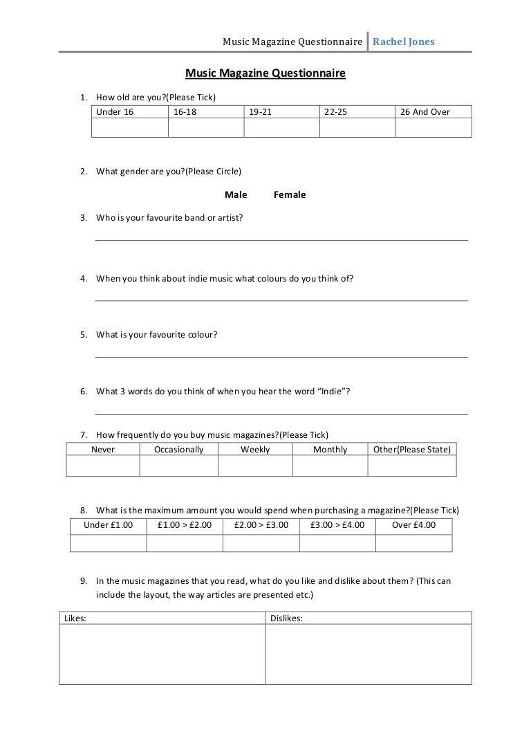 Music magazine questionnaire