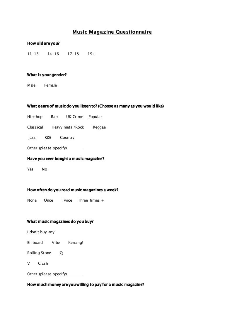 Music magazine questionnaire.