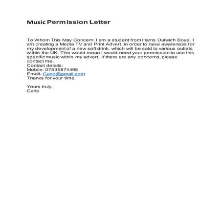 Music permission letter | DOCX