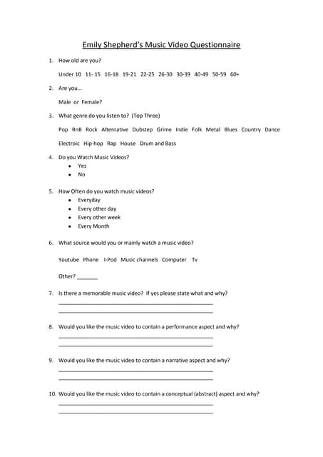 Music questionnaire | DOCX | Music | Entertainment