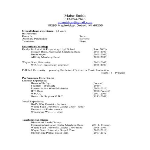 Music resume majorsmith@0 | DOC