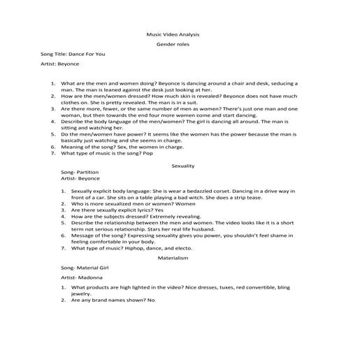 Music video analysis worksheets | DOCX