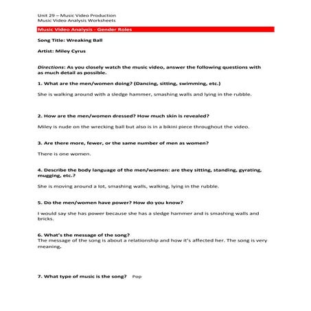 Music video analysis worksheet | DOCX
