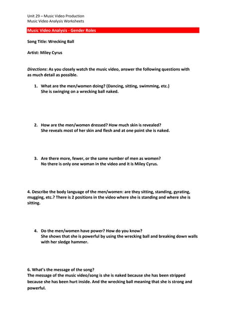 Music video analysis worksheets | PDF