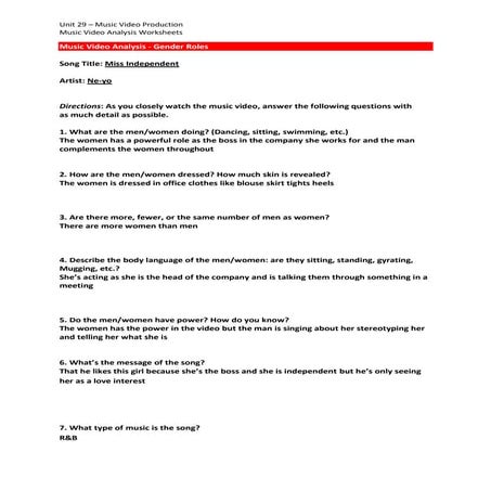 Music video analysis worksheets | DOCX