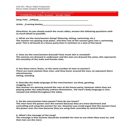 Music video analysis worksheets | DOCX