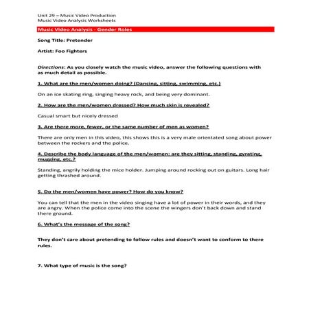 Music video analysis worksheets | DOCX