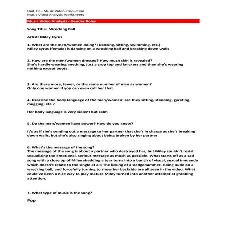 Music video analysis worksheet | DOCX