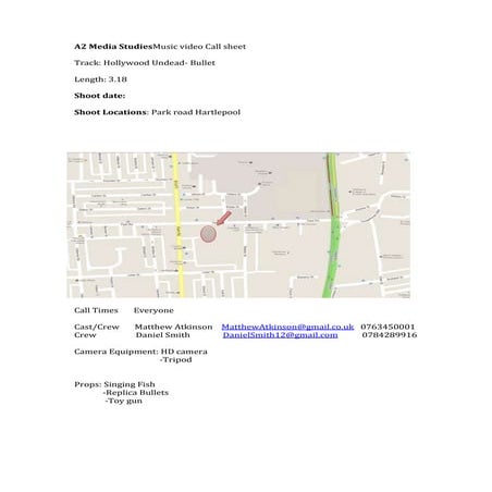 Music video call sheet | DOCX