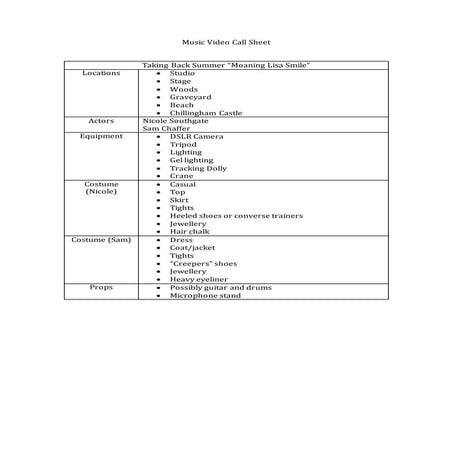 Music video call sheet | DOCX