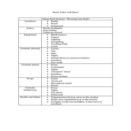 Music video call sheet | DOCX