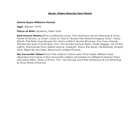 Music video director fact sheet | DOCX