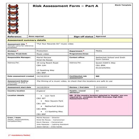 Music Video Risk Assessment | PDF