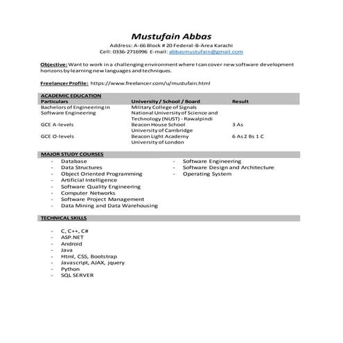 Mustufain abbas resume | DOCX | Programming Languages | Computing
