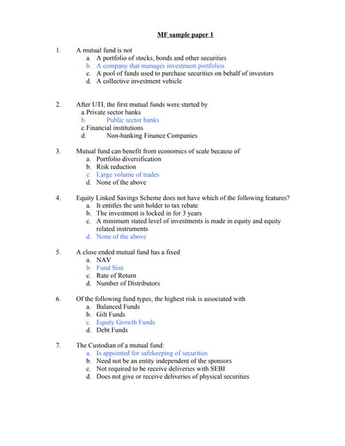 NISM Series V A - Mutual Fund Model Question Paper | PPTX | Mutual ...