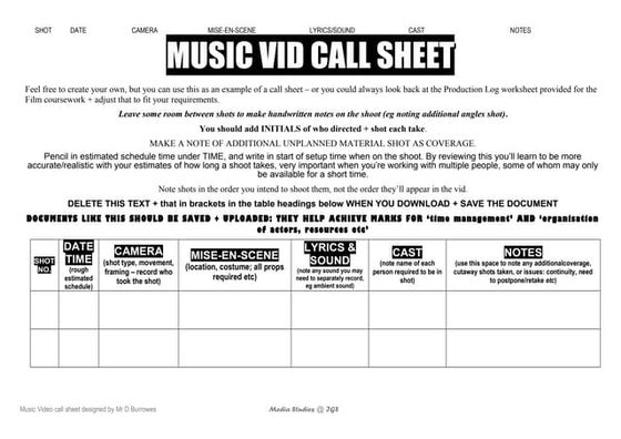 A2 music video call sheet | PDF