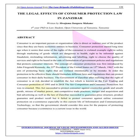 THE LEGAL EFFECTS OF CONSUMER PROTECTION LAW IN ZANZIBAR | PDF