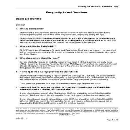 Aviva MyCare (ElderShield Supplement) FAQ | PDF