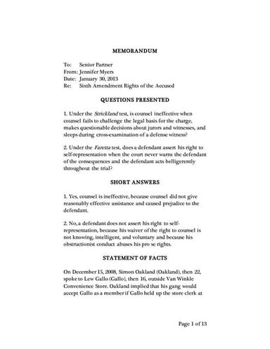 Law School Writing Sample - Interoffice Memorandum | PDF