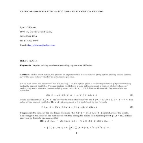 Critical Point On Stochastic Volatility Option Pricing Pdf Stocks And Bonds Personal